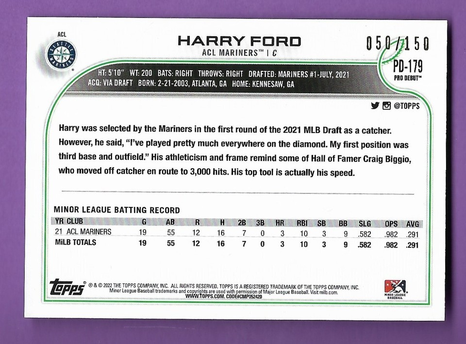 HARRY FORD 2022 TOPPS PRO DEBUT SP BLUE ROOKIE RC INSERT CARD #/150 MLB MARINERS | eBay
