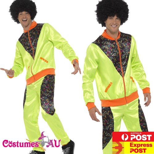 Mens 80s Retro Shell Costume Metallic Scouser Tracksuit 1980 Neon Green ...