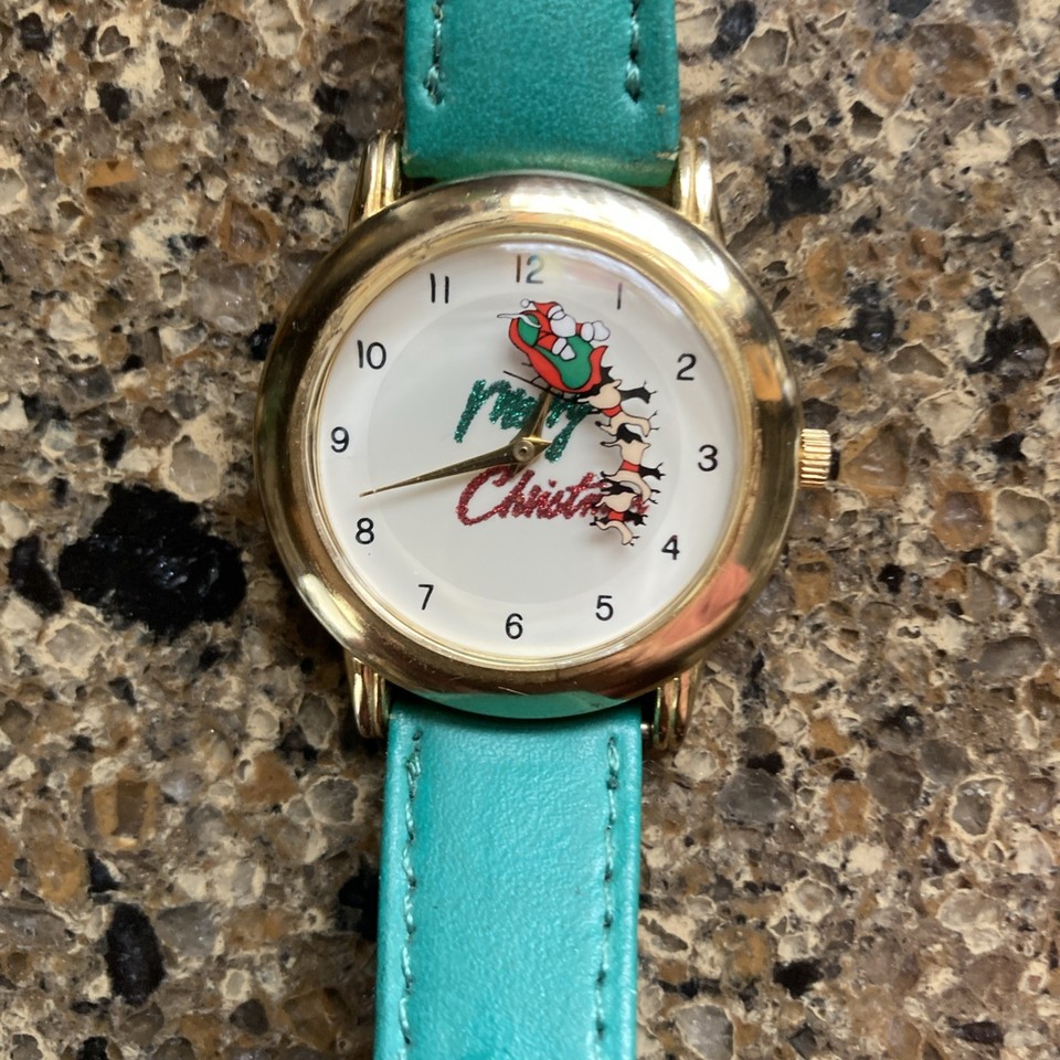 Quartz Christmas Watch With Green Leather Band. Near Mint Condition | eBay