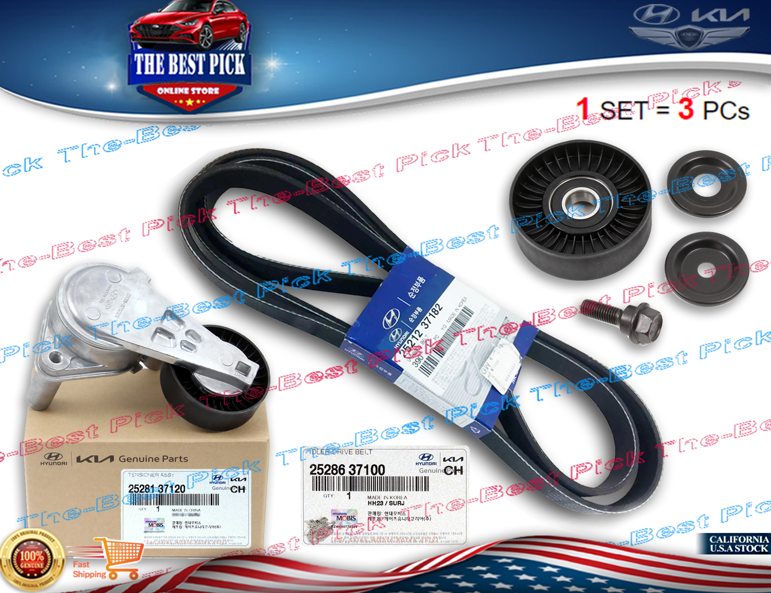 ⭐GENUINE⭐V-Belt & Tensioner Kit for 2004-2010 Sonata Tucson Optima ...
