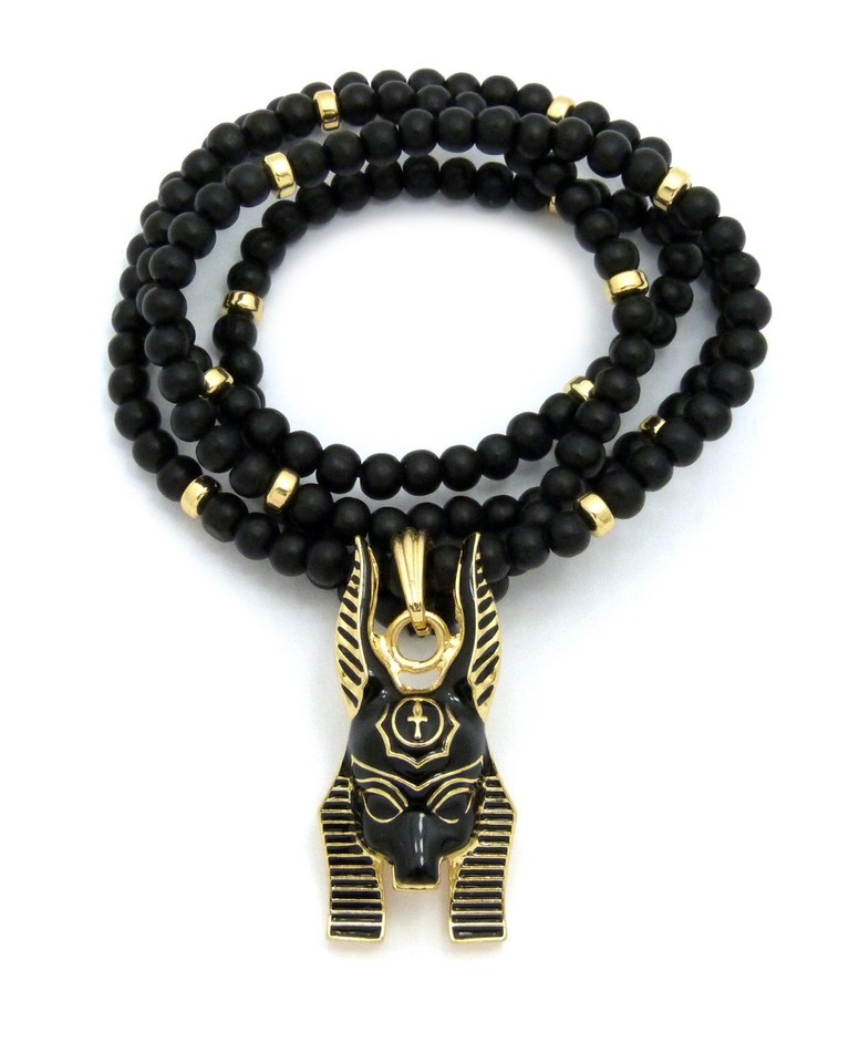 NEW EGYPTIAN ANUBIS HEAD PENDANT & 30" WOOD BEAD CHAIN HIP HOP NECKLACE ...