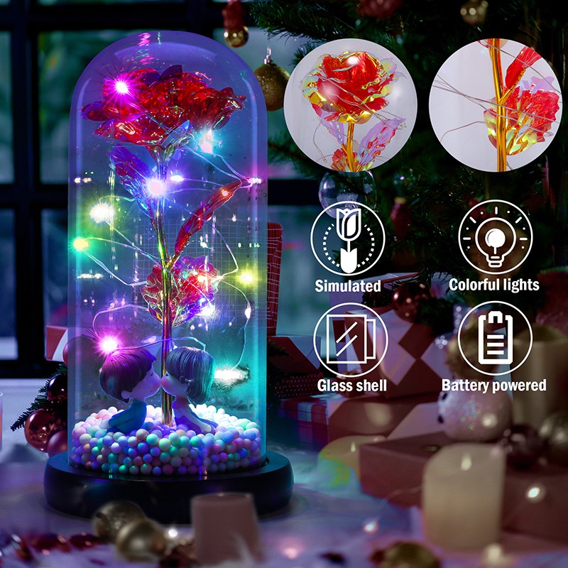 Rainbow Rose In Glass Crystal Flower Dome Rose LED Light Up Rose ...