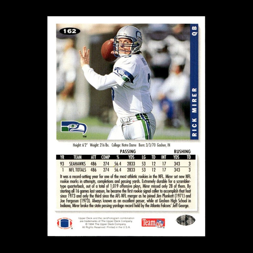 Rick Mirer 1994 Collector's Choice Seattle Seahawks #162 R327A 35 | eBay