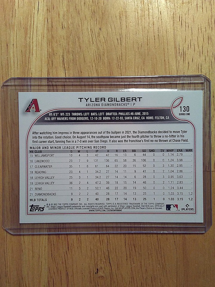 2022 Topps Series One Tyler Gilbert #130 Rookie Card - Arizona ...