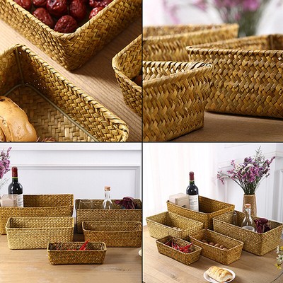 Handmade Straw Baskets Woven Food Storage Bins Home Organizer Box ...