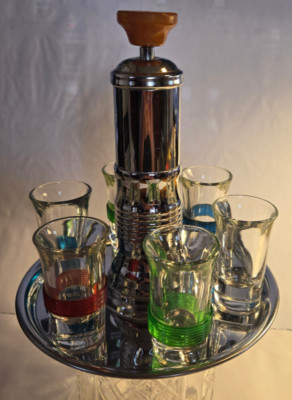 1950s Vintage MCM Art Deco Cordial Liquor Dispenser w/ 6 Shot Glasses ...