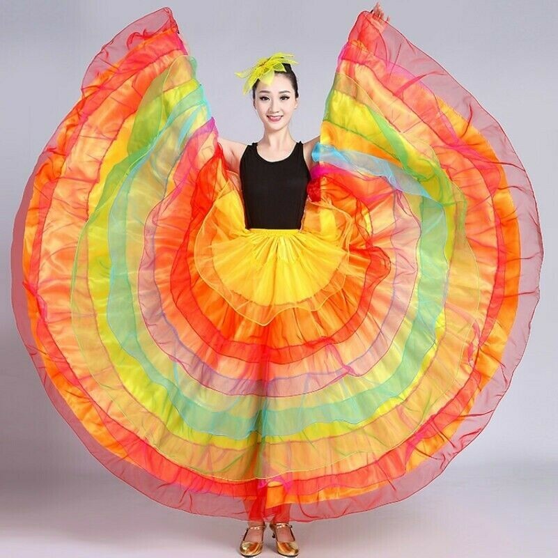 Lady Layered Dance Skirt Rainbow Spanish Ruffle Ballroom Flamenco ...