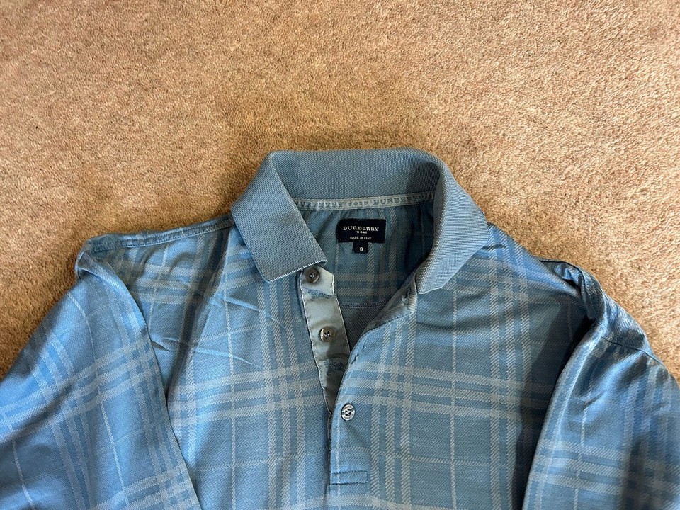 Burberry Golf Mens Blue Plaid Long Sleeve Cotton Polo Shirt Vintage ...