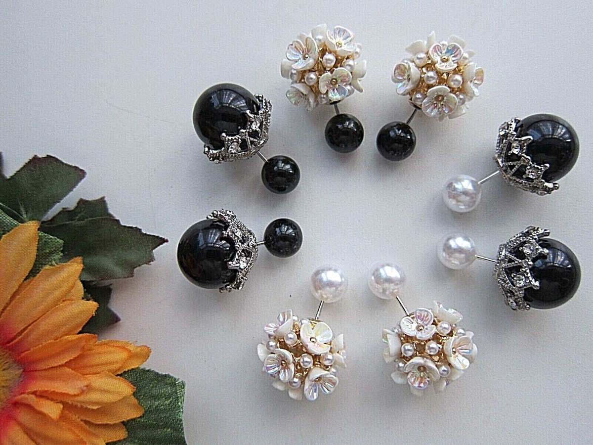 Double Sided Faux Pearl Reversible Earrings Clear Crystal. Everyday Bridal