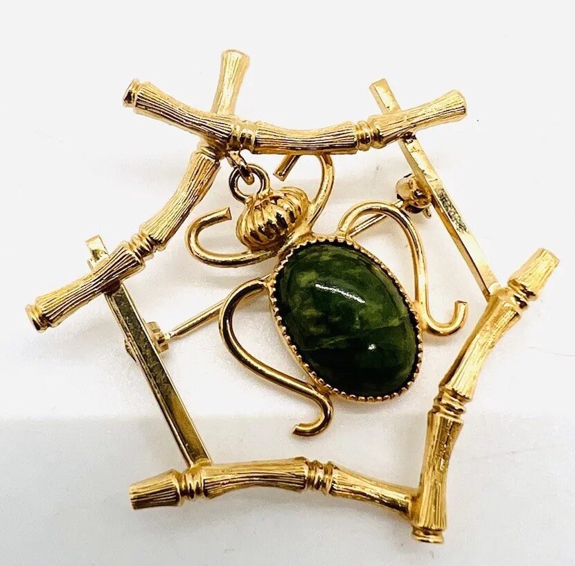 12k Gold Filled Asian Style Bamboo & Gemstone Brooch … - Gem