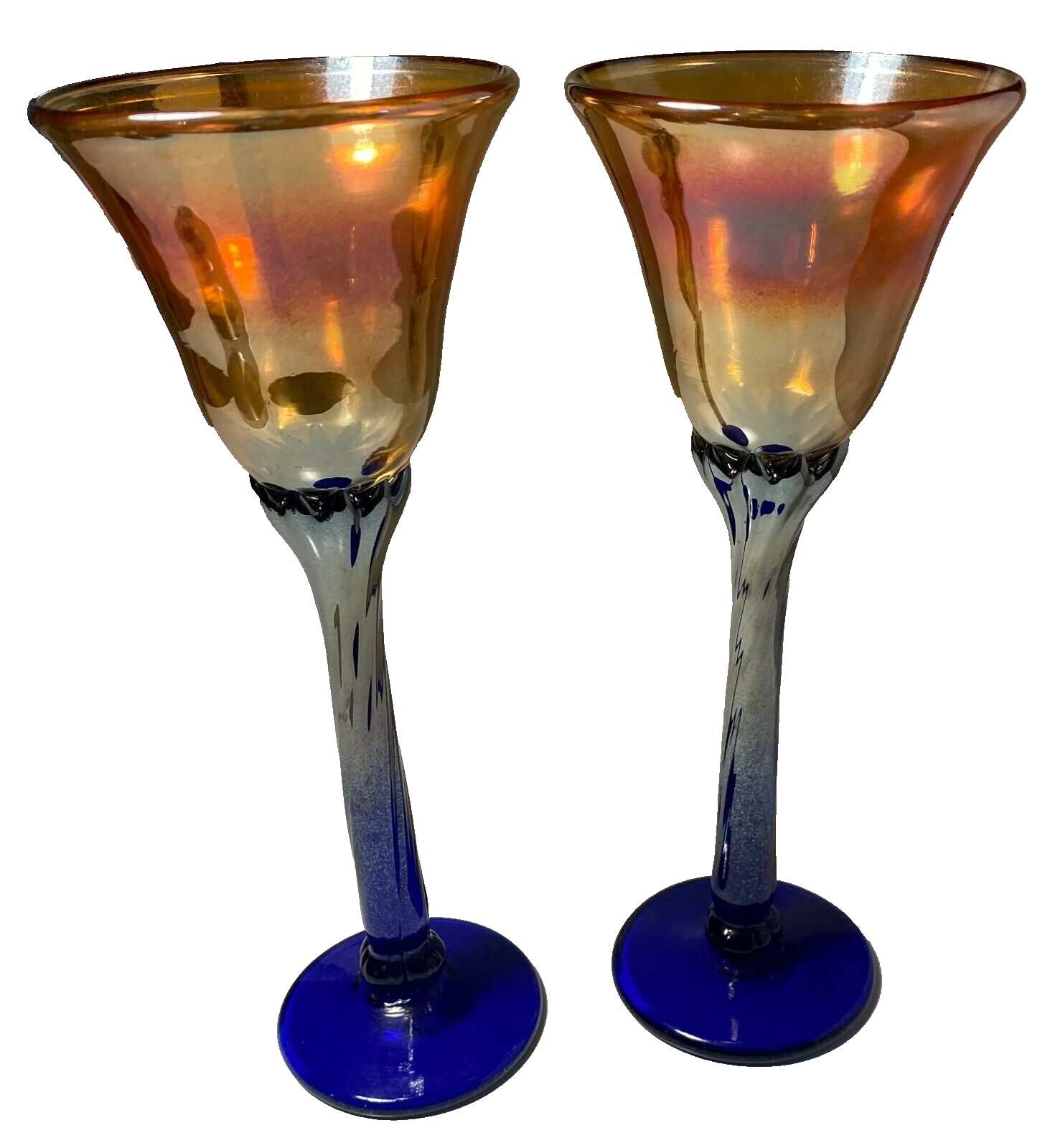Tall Pair Rick Strini Luster & Cobalt Hand Blown Signed Wine Glasses | eBay