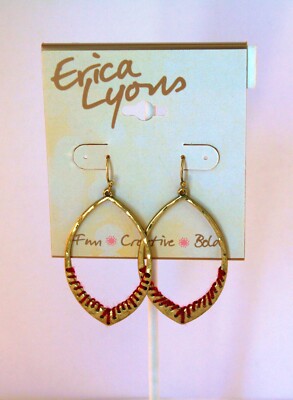 Erica Lyons gold tone hammered oval hoops & red threading dangle ...