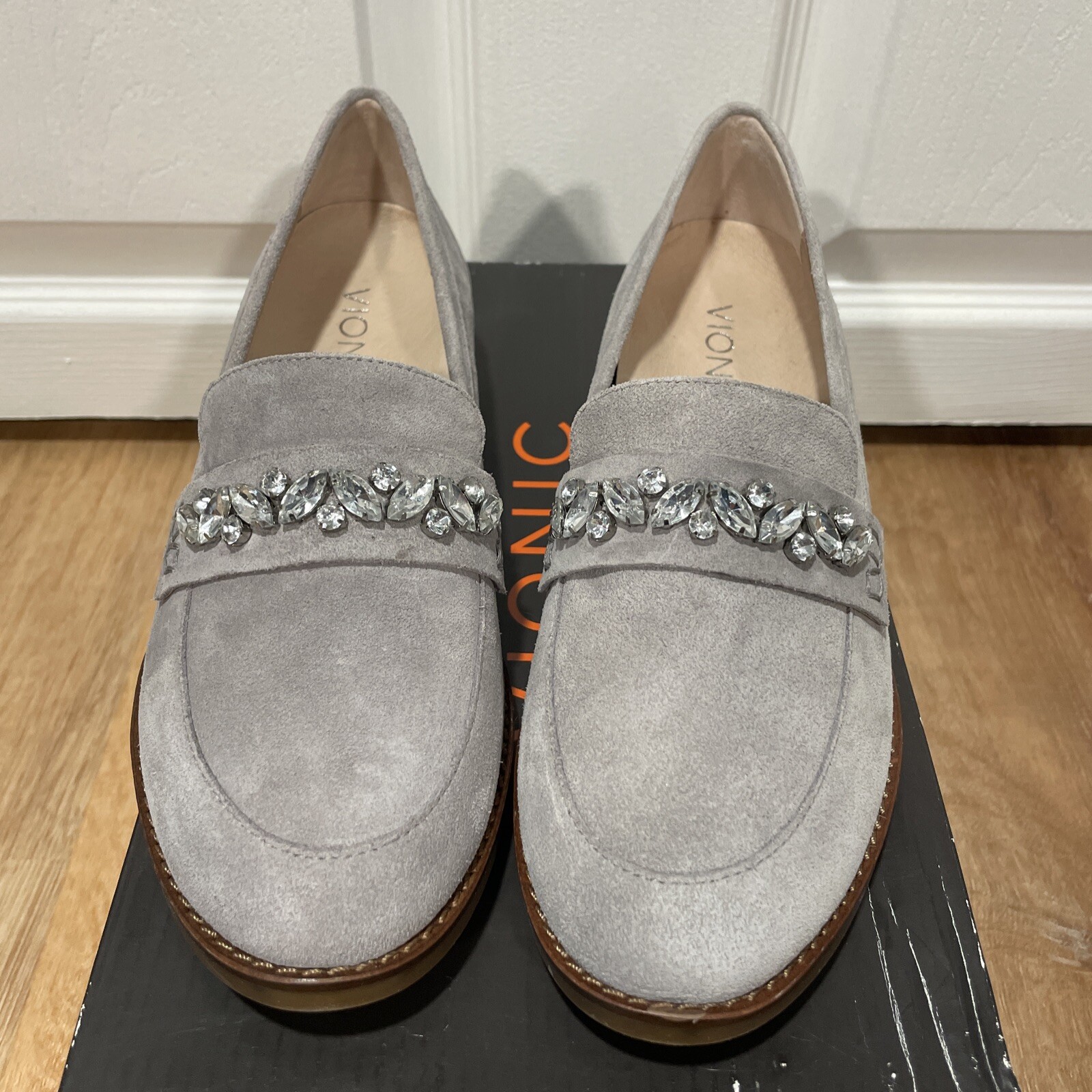 Vionic Avvy Loafer Light Grey Suede Shoes Slip On Rhinestones New Size ...