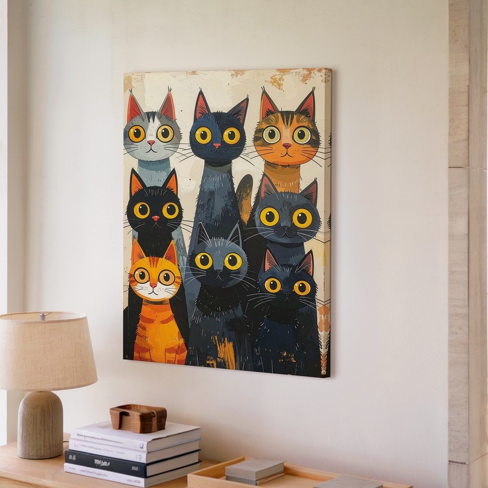 Wall Art Curious Cat Assembly Canvas Whimsical Group Feline Some ...