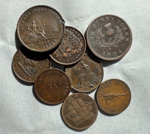 GROUP OF 8 Canadian COPPER Tokens, Various Type & Grades 19th Century ...