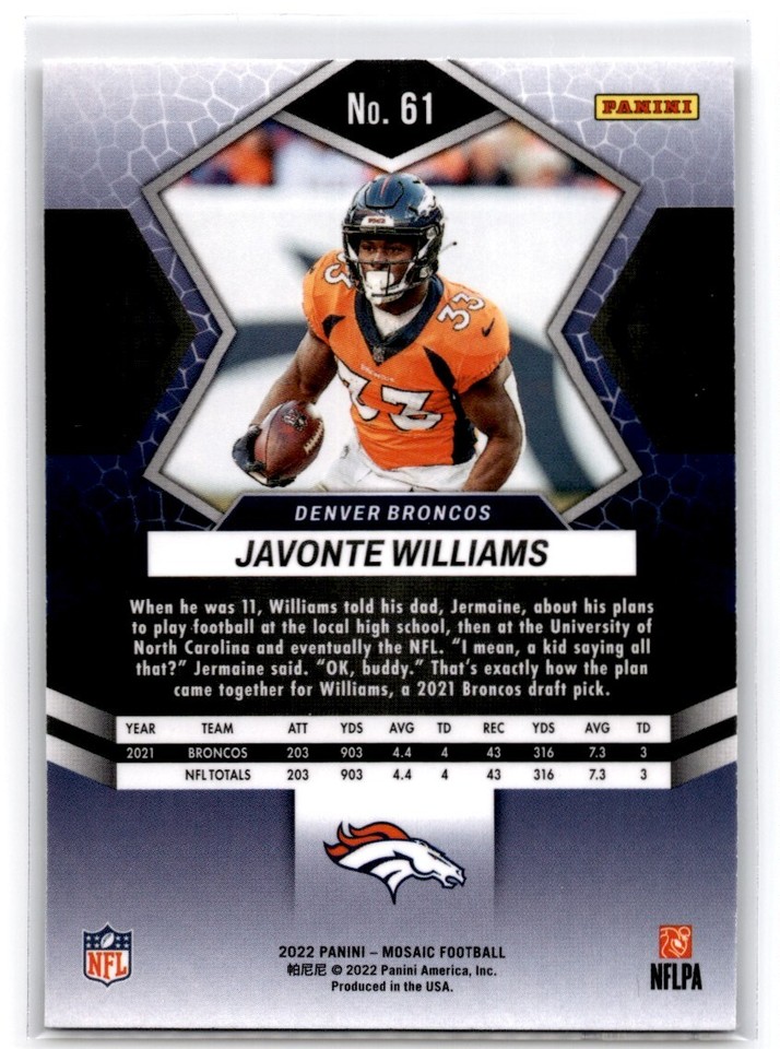 2022 Panini Mosaic Javonte Williams Denver Broncos #61 | eBay