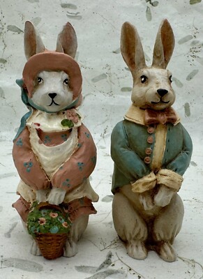 Vintage Set of 2 Bunnies Rabbits Figurine Pair Signed WW Hand Crafted ...