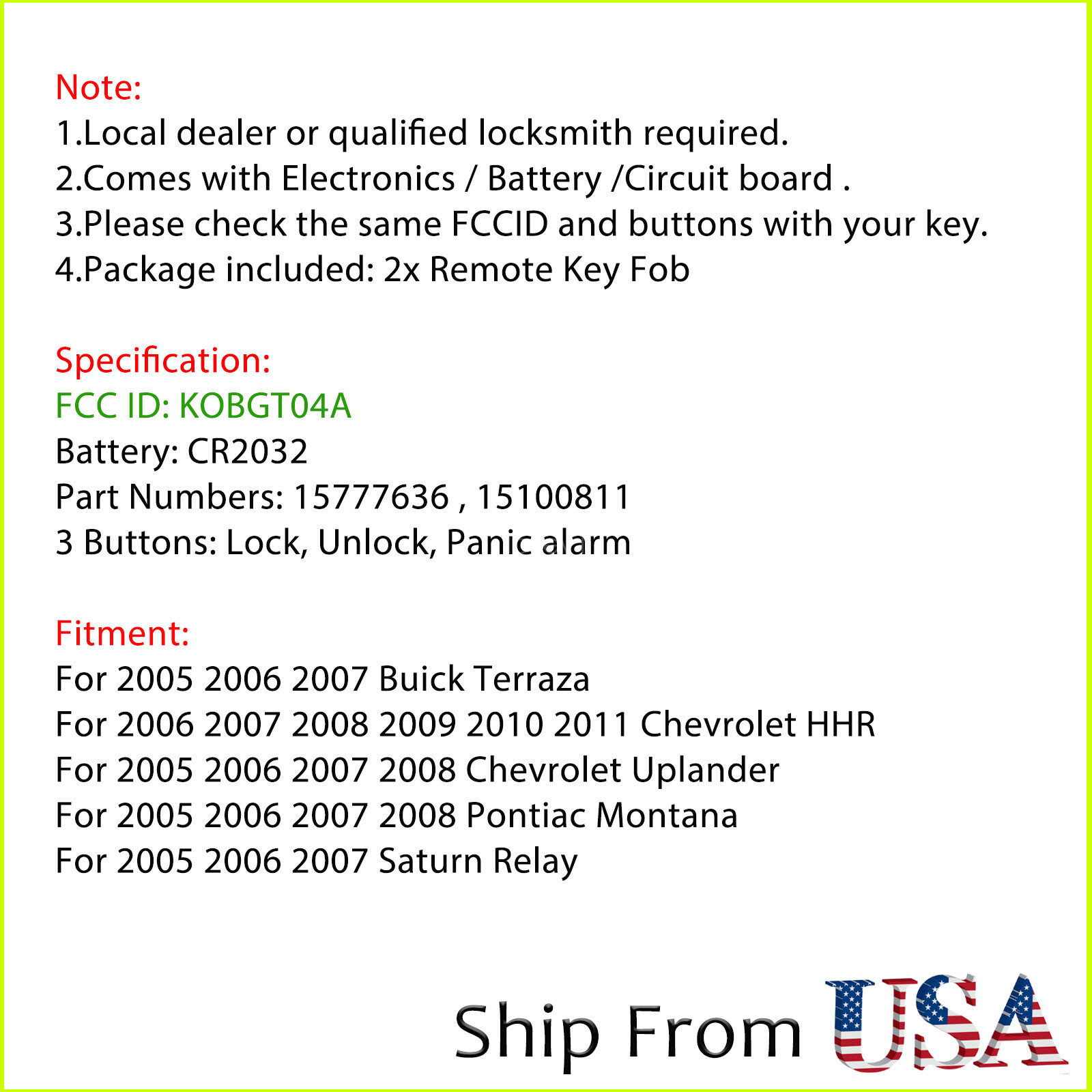 2 For 2006 2007 2008 2009 2010 2011 Chevrolet HHR Keyless Entry Remote ...