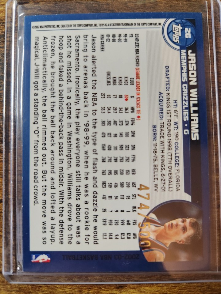 2002-03 Topps Jason Williams Black Parallel 474/500 SP #26 Memphis ...
