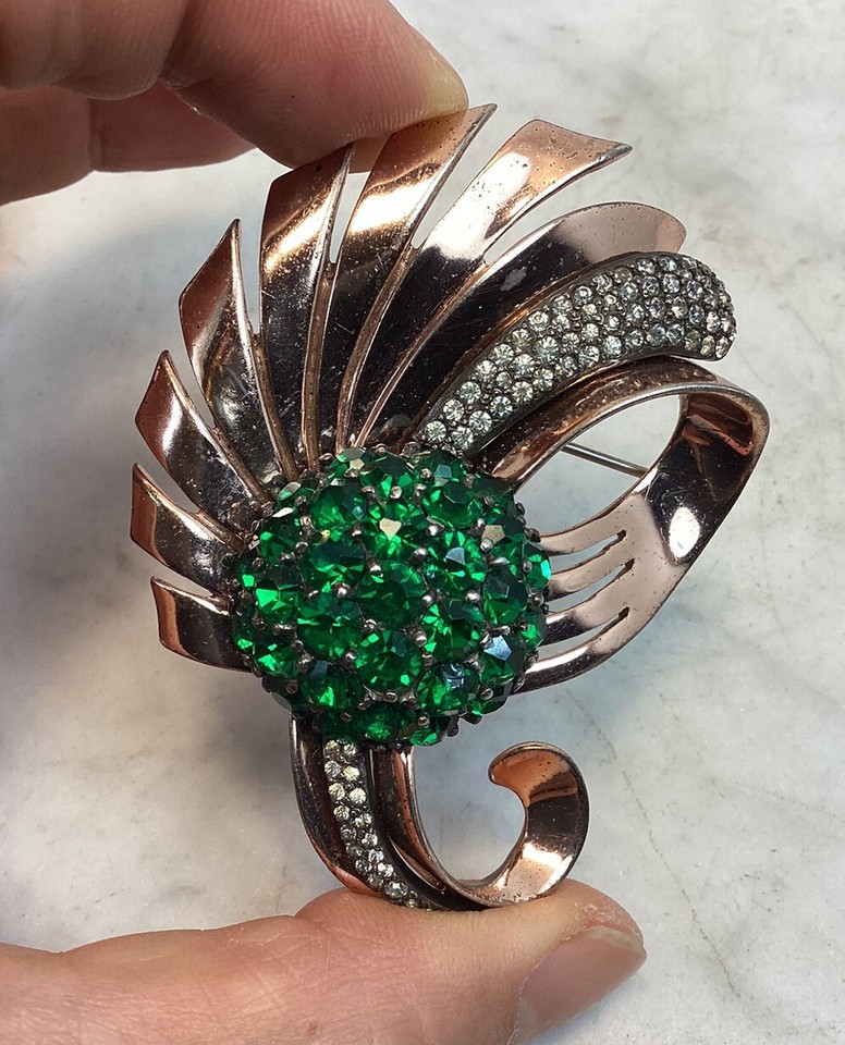Vintage PENNINO Sterling Silver Green Clear Rhinestone Retro Pin Brooch ...