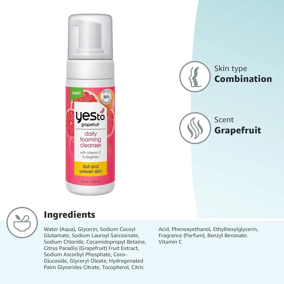 Yes To Grapefruit Daily Foaming Cleanser, Brightening Face Wash Natural ...