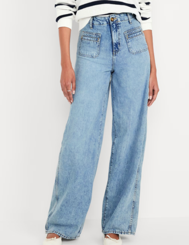 OLD NAVY JEANS Drapey Light Blue Wash HIGH RISE BAGGY WIDE LEG Patch ...