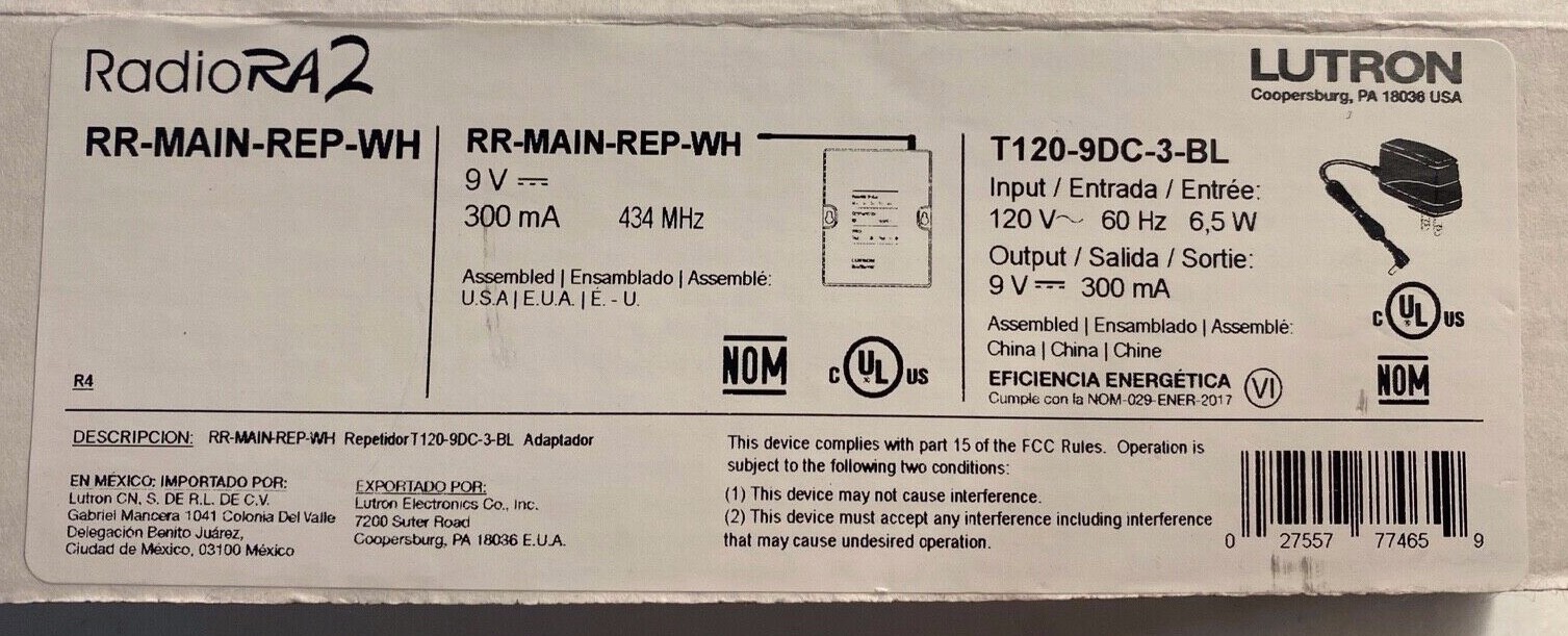 NEW Lutron RR-MAIN-REP-WH Radio RA 2, Main Repeater RadioRa2 ...