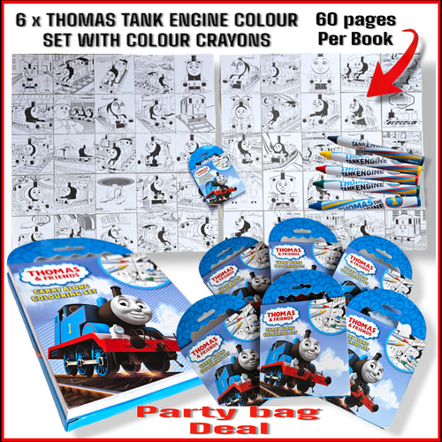 Thomas & Friends PARTY Bag 60 page colour book & crayons set x 6 sets ...