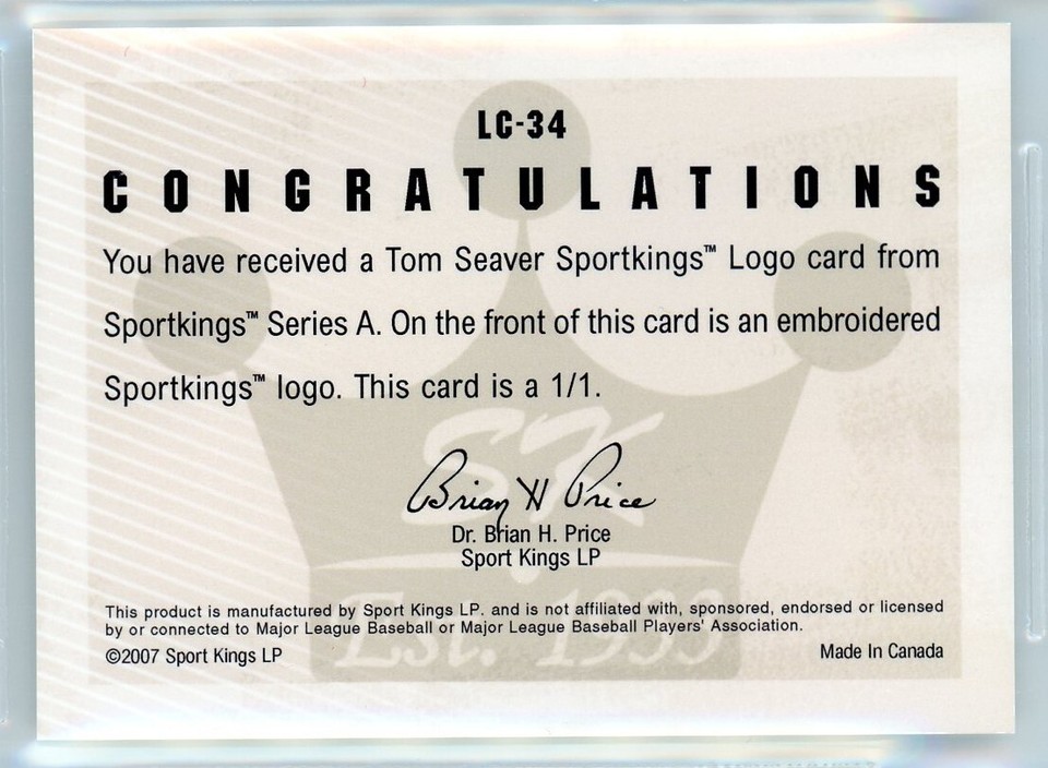 2007 SPORTKINGS LOGO CARD 1/1 #LC34 TOM SEAVER EMBROIDERED SPROTKINGS-LOGO BGS 9 | eBay