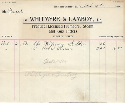 1904 3 Billheads Whitmyre & Lamboy Plumbers Schenectady New York ...