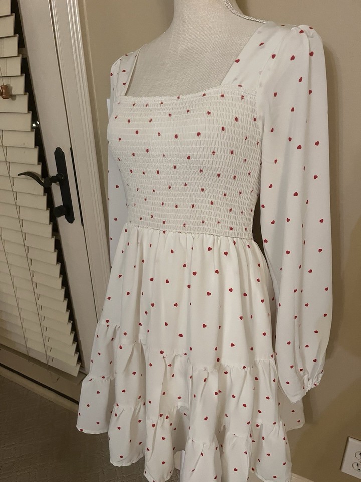 francescas Boutique White Ruffle Red Heart Smocked dress Valentines Day ...