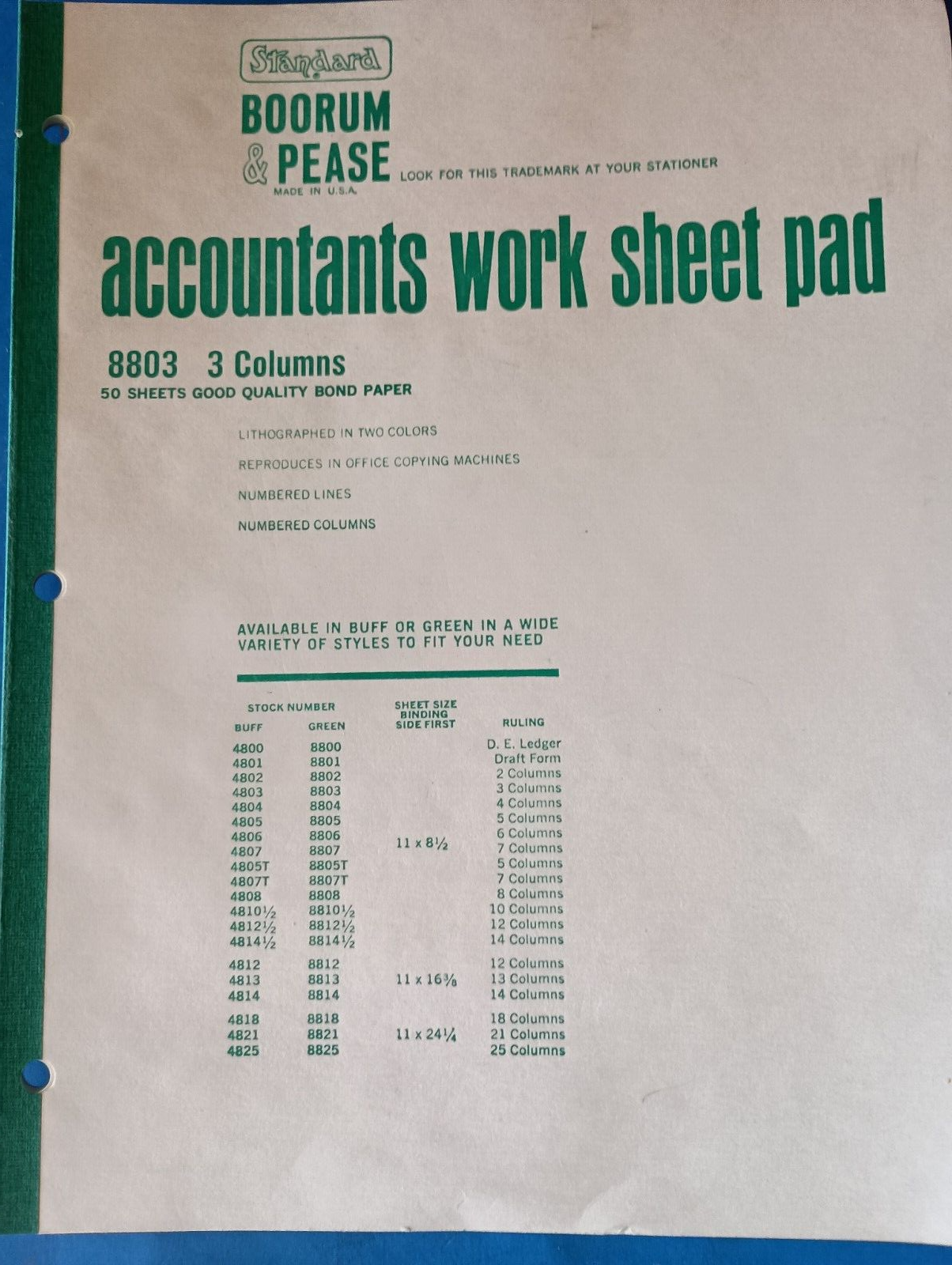 BOORUM & PEASE Columnar Pad 3 COLUMN 8803 GREEN Accounting Work Sheet ...