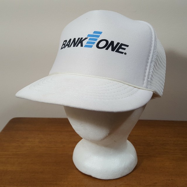 Vintage Bank One White Foam Mesh Snapback Ball Cap Trucker Hat Banking ...