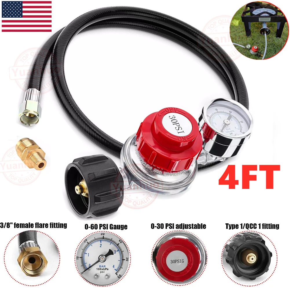 4FT 0-30PSI High Pressure Propane Regulator Hose & Gauge, 1/8 MNPT Pipe ...