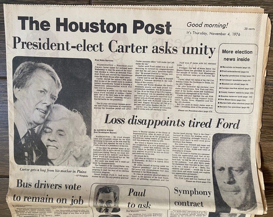 HOUSTON POST NEWSPAPER-11/4/1976-JIMMY CARTER ELECTED PRESIDENT ...
