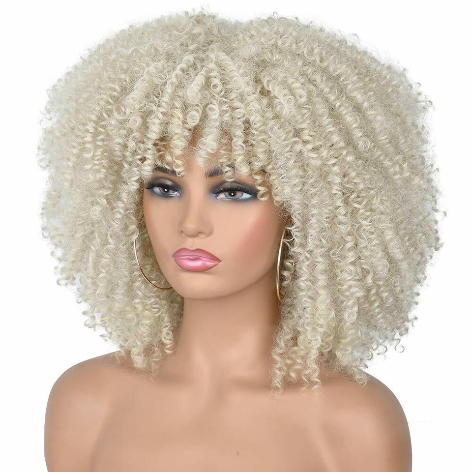 Short Curly Afro Wig With Bangs Women Kinky Curly Wig Afro Synthetic Blonde Wig | eBay