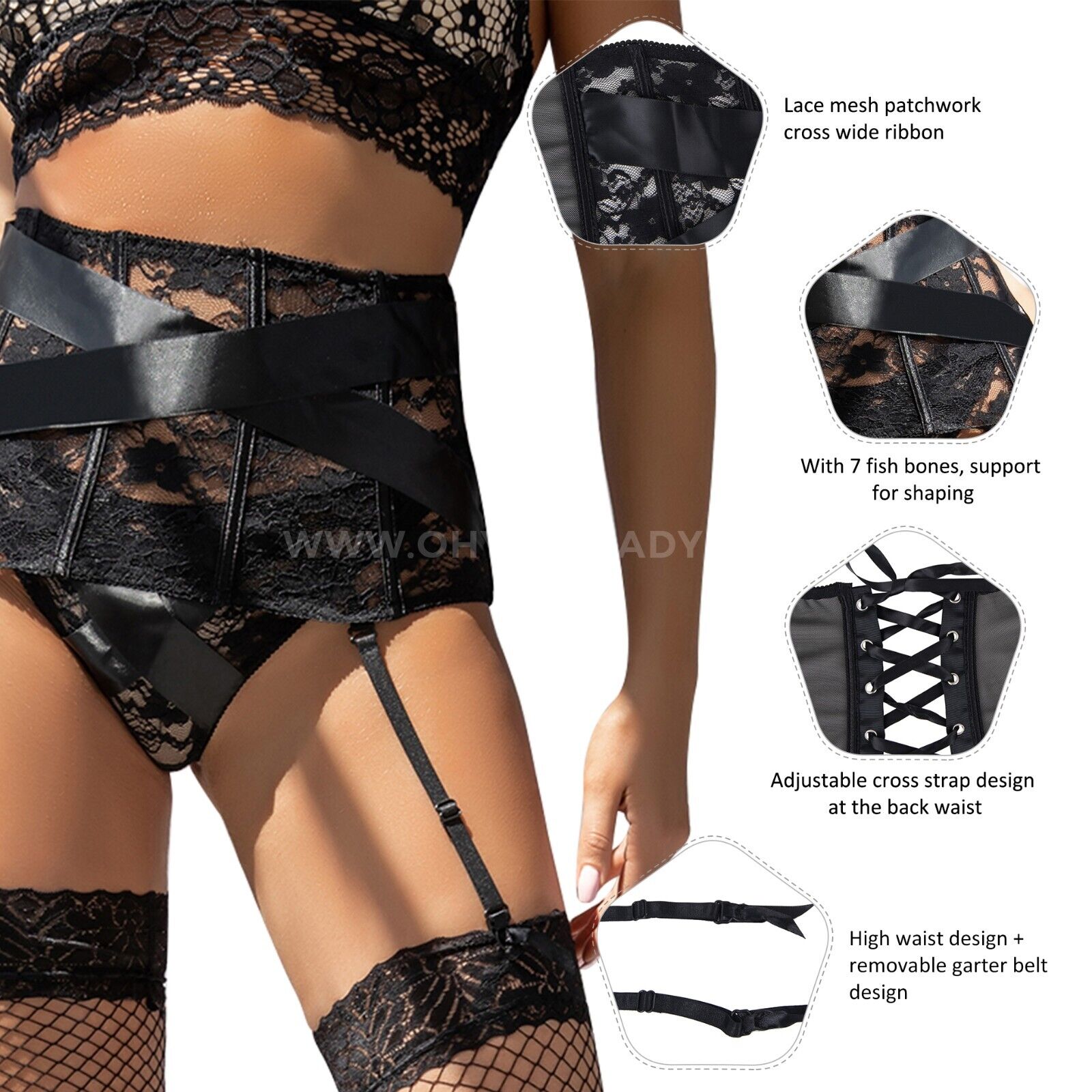Womens Black Lace High Rise Jarretelles Corset Suspender Garter Belt