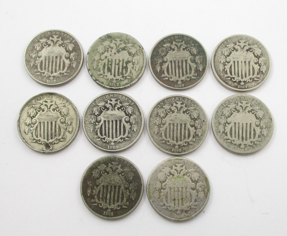 Lot of 10 United States Nickel Five Cent Coins 1867 Rays/No Rays 1868 ...