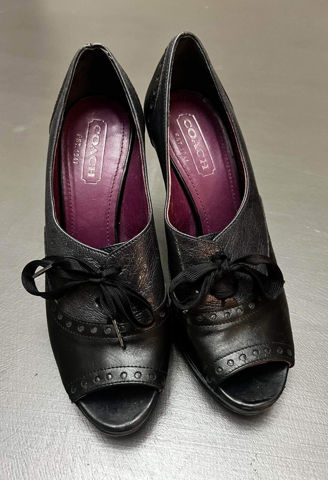 COACH Black Leather Peep Toe Oxford Lace Up Heels - Gem