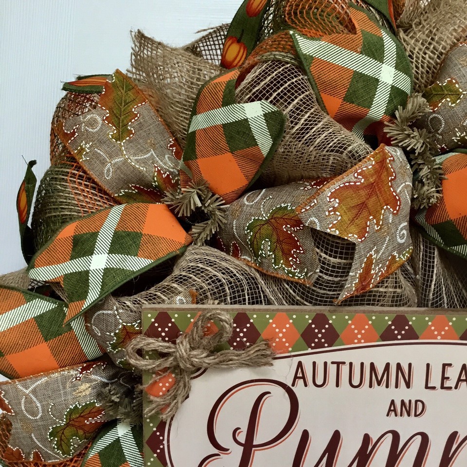 Autumn Leaves Pumpkins Please Harvest Wreath Handmade Deco Mesh | eBay