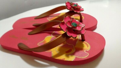 NEW OLIVIA MILLER FLIP FLOPS THONG FUCHSIA SANDALS WITH METAL FLOWER S ...
