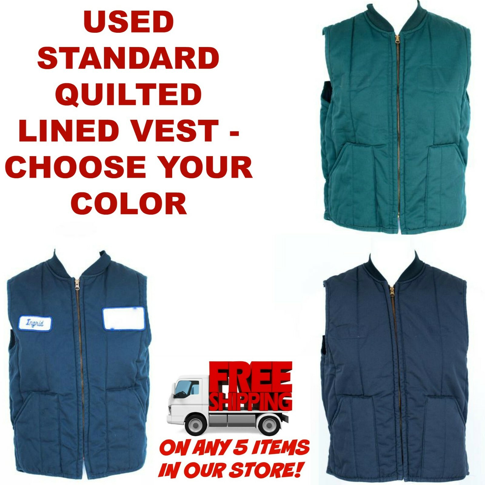 Used Quilted Lined Work Vest GRAY, GREEN, NAVY Cintas, Unifirst, RedKap ...