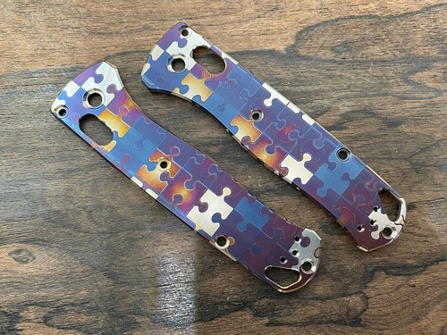 Blue JIGSAW PUZZLES heat ano engraved Titanium Scales for Benchmade ...