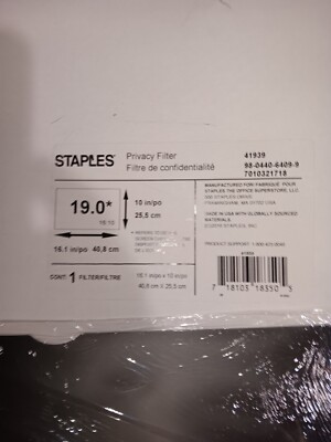 Staples 41939 Laptop 19.0W 19” Widescreen Privacy Screen Filter, Black ...