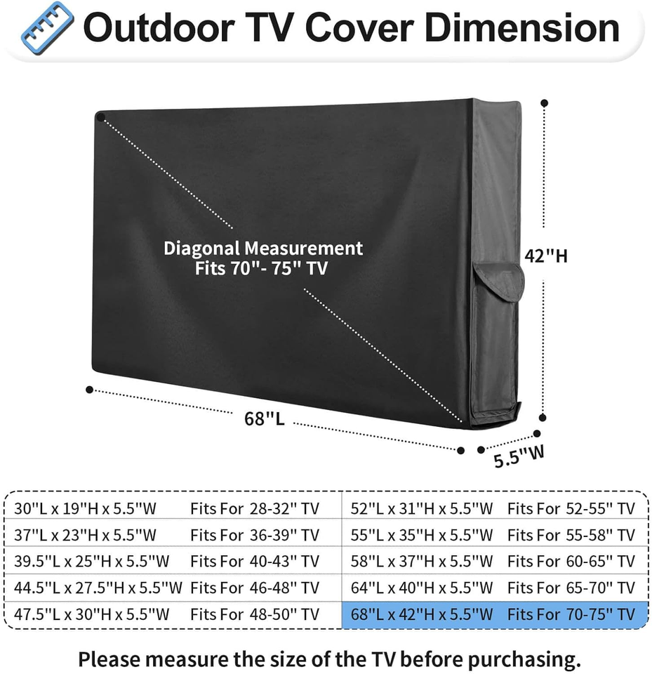 70" - 75" Flat Screen TV Cover Waterproof, Weatherproof, Dustproof, UV ...