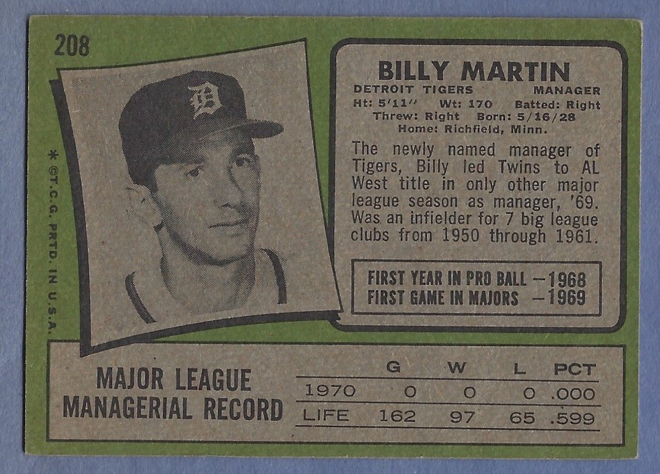 1971 Topps Baseball #208 Billy Martin Card Tigers VG | eBay