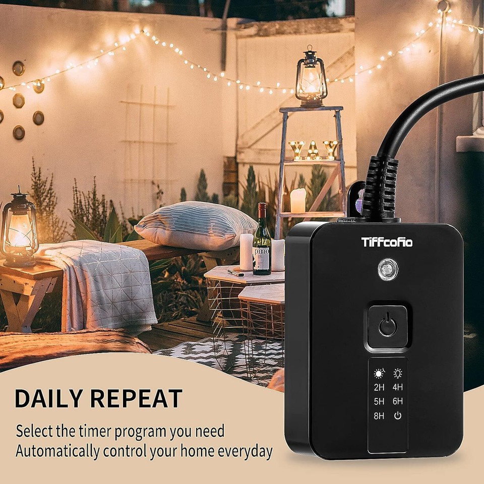 Outdoor Light Sensor Timer Outlet, 100ft Range Remote Control, Outdoor ...