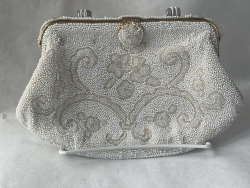 VTG 1950s WALBORG Beaded White Evening Bag Purse from France Gold Metal ...