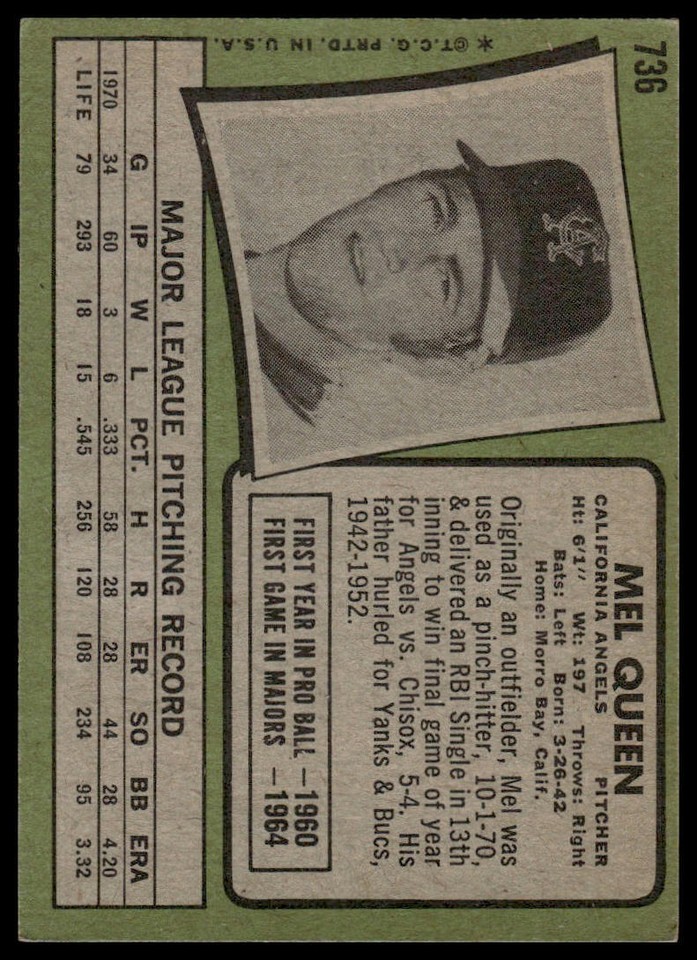 1971 Topps Mel Queen #736 California Angels - Free Shipping | eBay