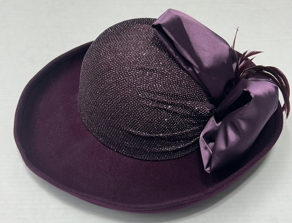 Whittall and Shon Hat Purple Feather Satin Bling 100% Wool Felt 22-1/2 ...
